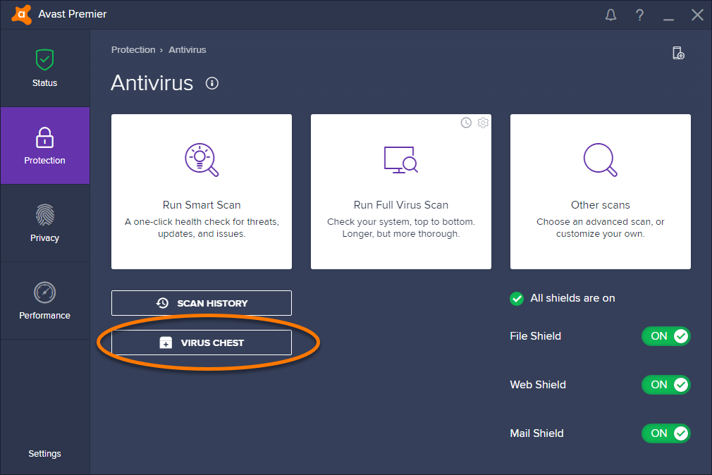 How do I access the Avast Virus Chest?